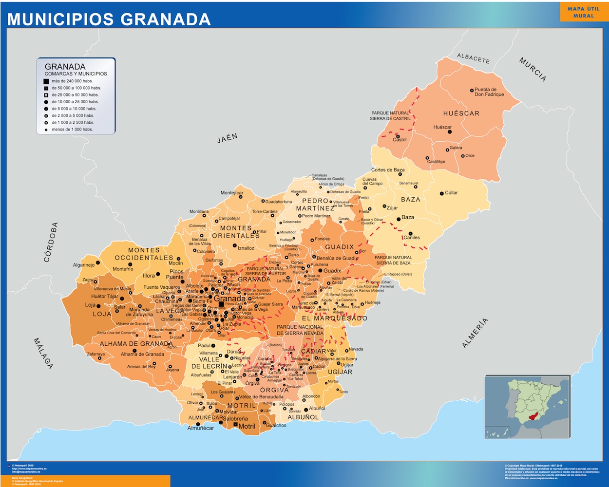 Municipalities Granada wall map from Spain | Largest maps of the world ...