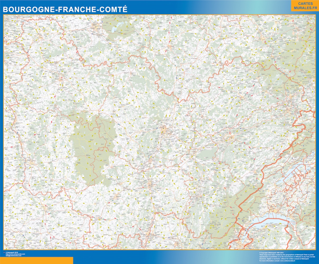 Region of Bourgogne Franche Comte wall map | Largest maps of the world ...