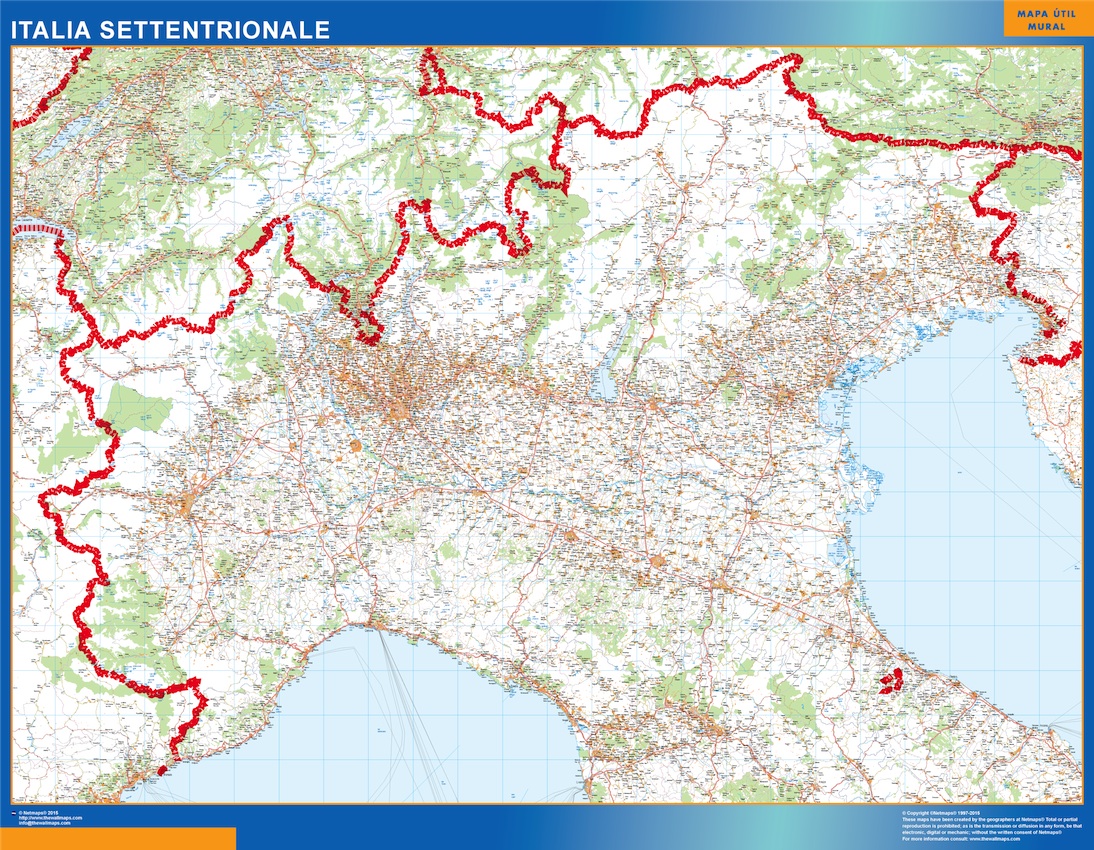 Road wall map Italy North | Laminated wall maps of the world.