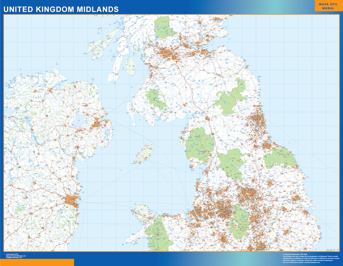 Road wall map United Kingdom Midlands | Largest maps of the world. Our ...